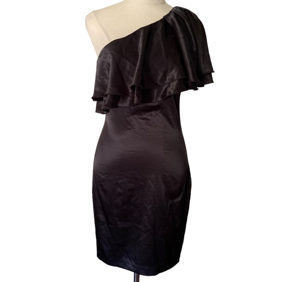 SUPRE | Dresses | Supre Black Satin Look One Shoulder Ruffle Mini Dress ...